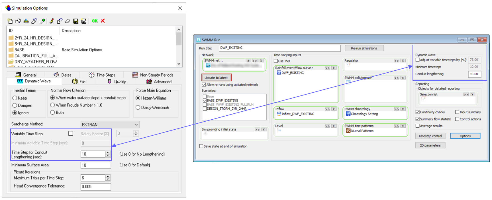 Where to find InfoSWMM simulation options in ICM SWMM