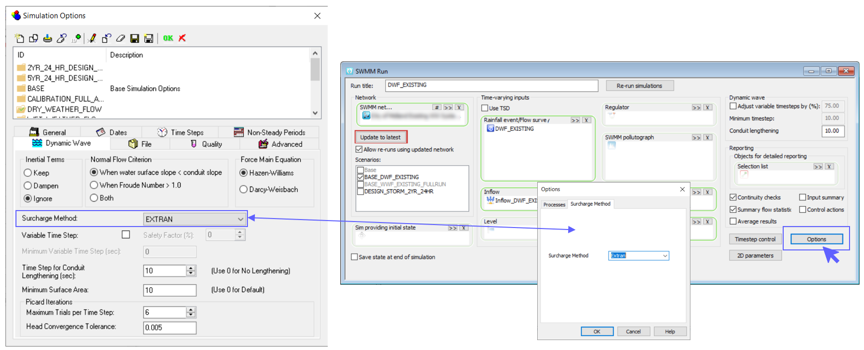 Where to find InfoSWMM simulation options in ICM SWMM