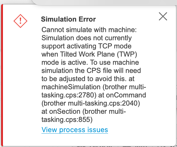 "Simulation does not currently support activating TCP mode when Tilted Work Plane (TWP) mode is ...