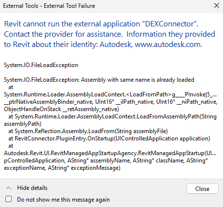 "Revit cannot run the external application DEXConnector" when clicking on Data Exchange in Revit