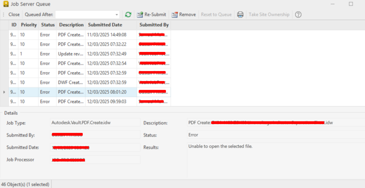 "Unable to open the selected file." in the Vault Job Queue when trying to publish DWFs or PDFs ...