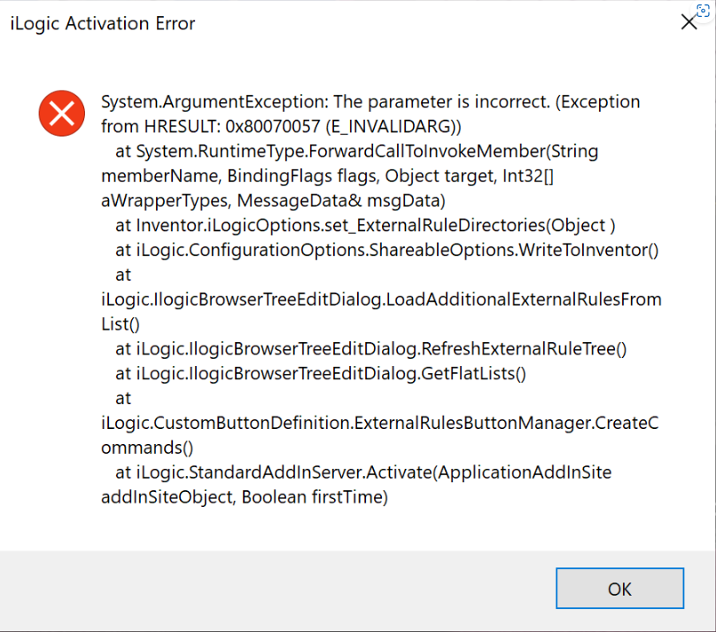 When starting Inventor the warning appears 'ILogic Activation Error' and Materials are missing ...