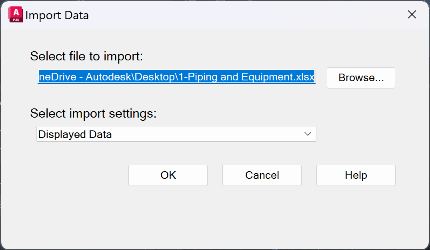 When trying to import an Excel file in AutoCAD Plant 3D Data Manager, the "Import data"-dialog ...