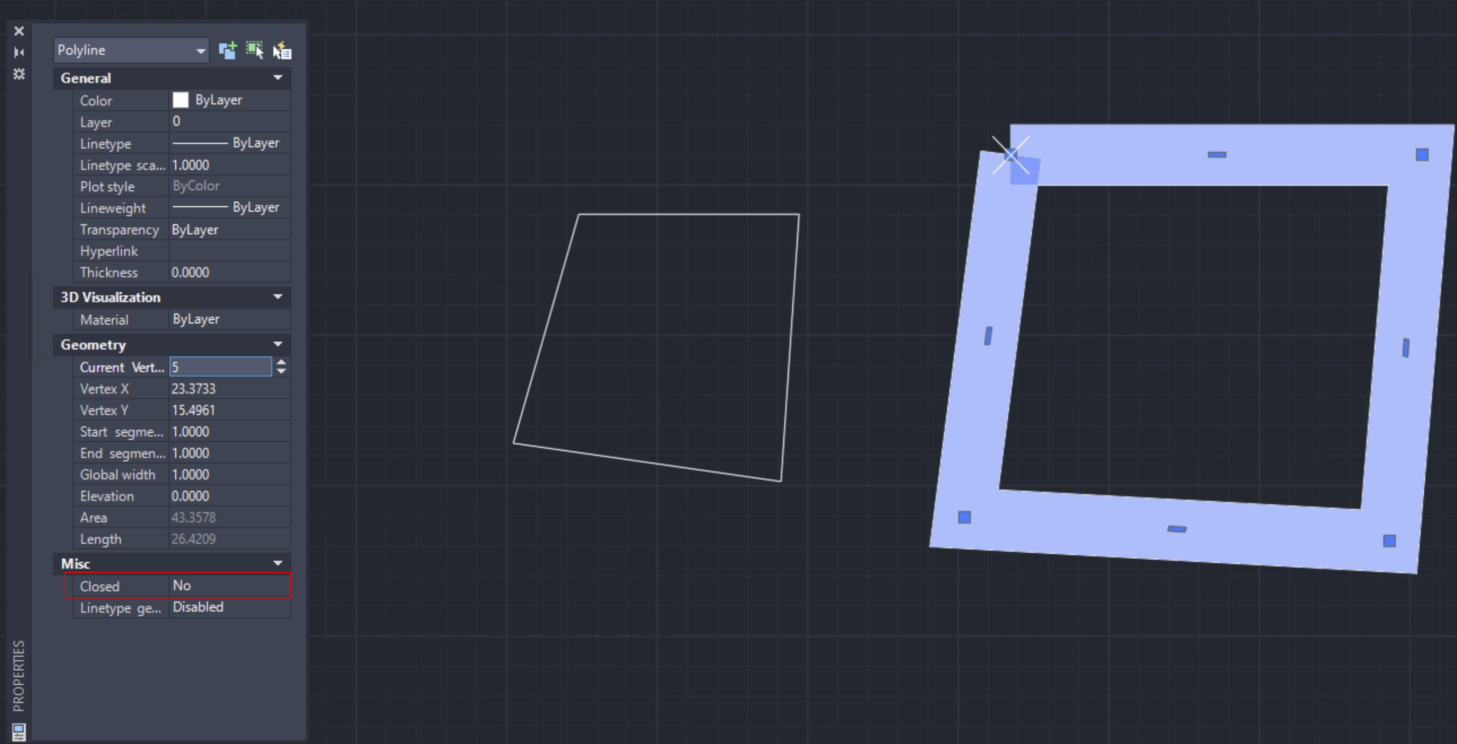 Graphics at the endpoint with given thickness appear not closed in AutoCAD