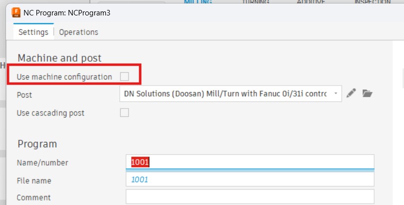 "Invalid machine configuration in toolpath" when post processing in Fusion CAM