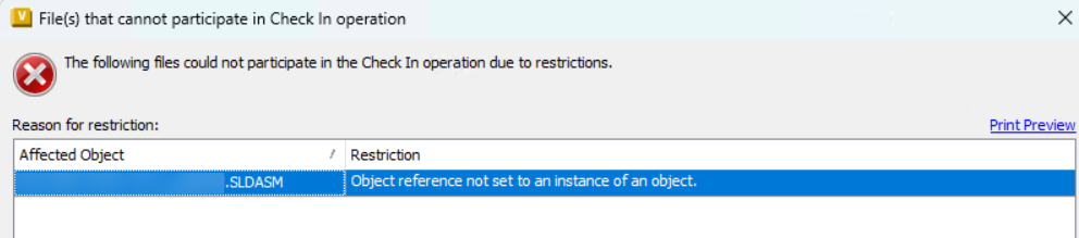 "Object reference not set to an instance of an object" when checking in of SOLIDWORKS assembly ...