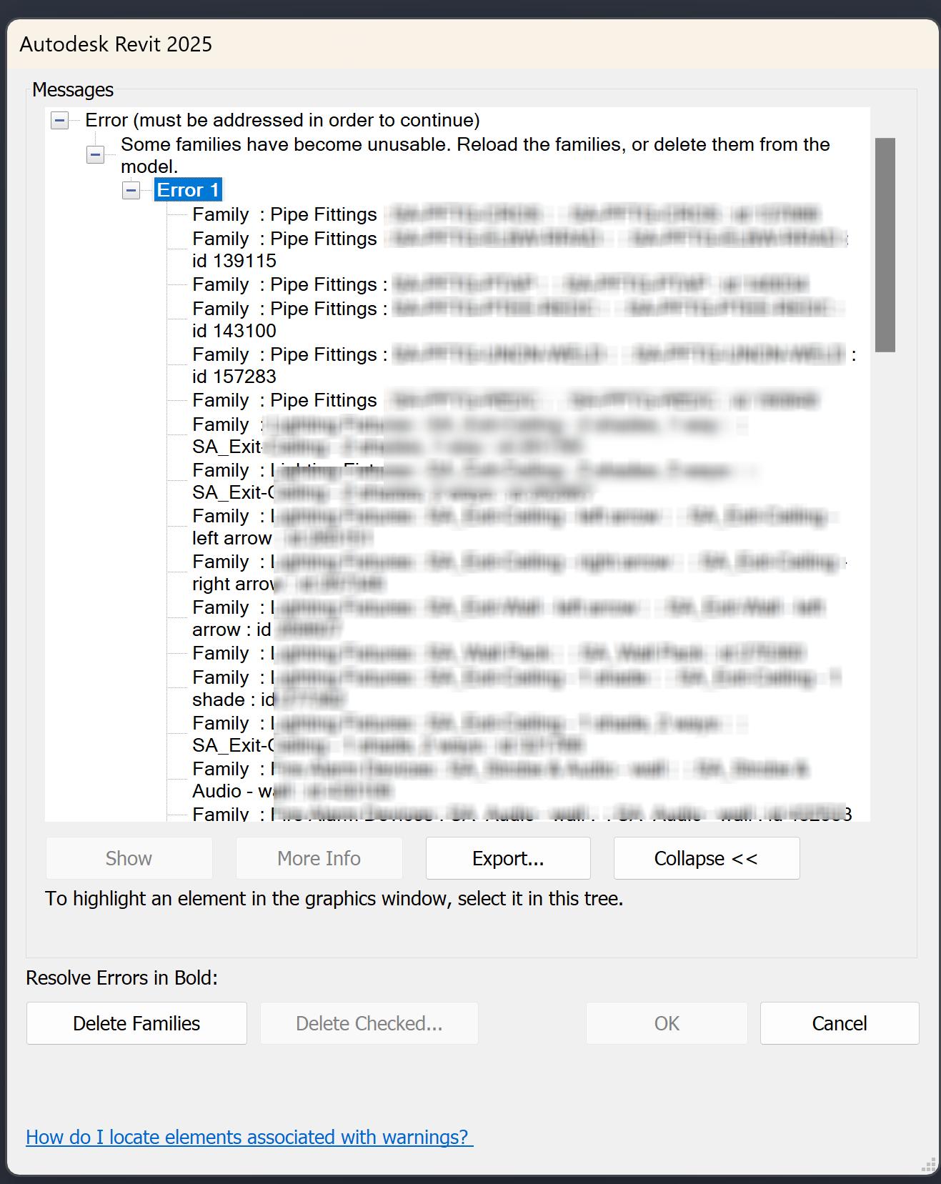 "Some families have become unusable. Reload the families or delete..." when upgrading a model in ...