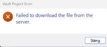 "Failed to download the project from the server" when opening a Vault project, after sharing an ...