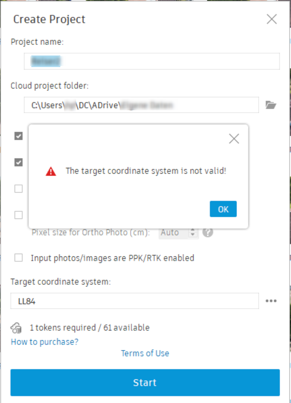 "The target coordinate system is not valid!" when trying to create an OBJ project in ReCap Photo