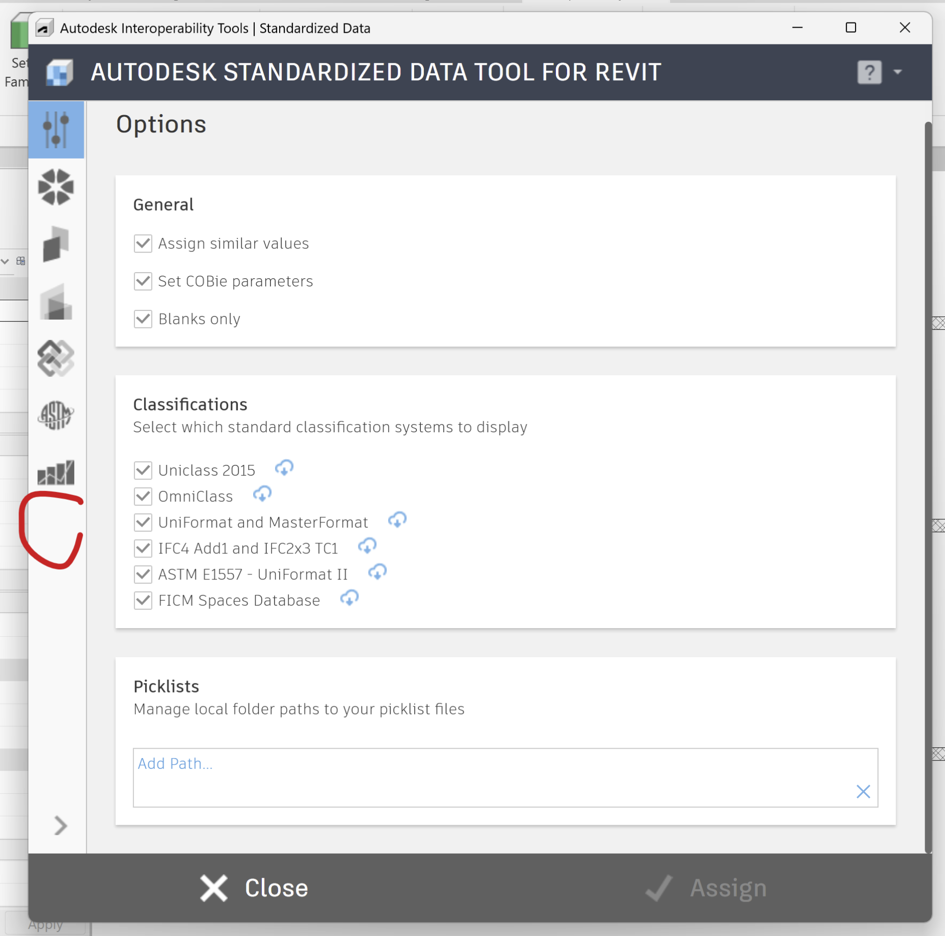 Picklist icon missing from Interoperability Tools - Standardized Data in Revit