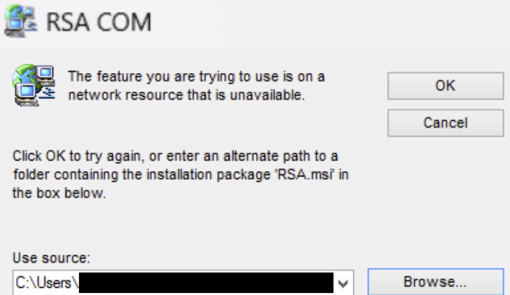 "RSA COM: The feature you are trying to use is on a network resource that is unavailable ...