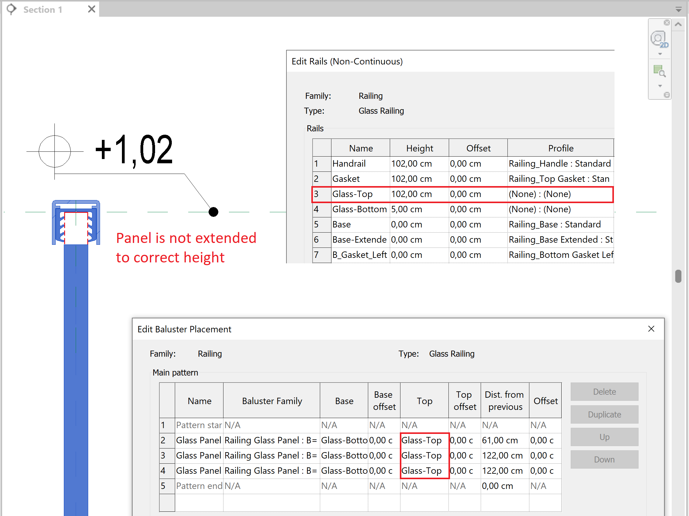 The glass panel of the railing is cut by the rail profile in Revit