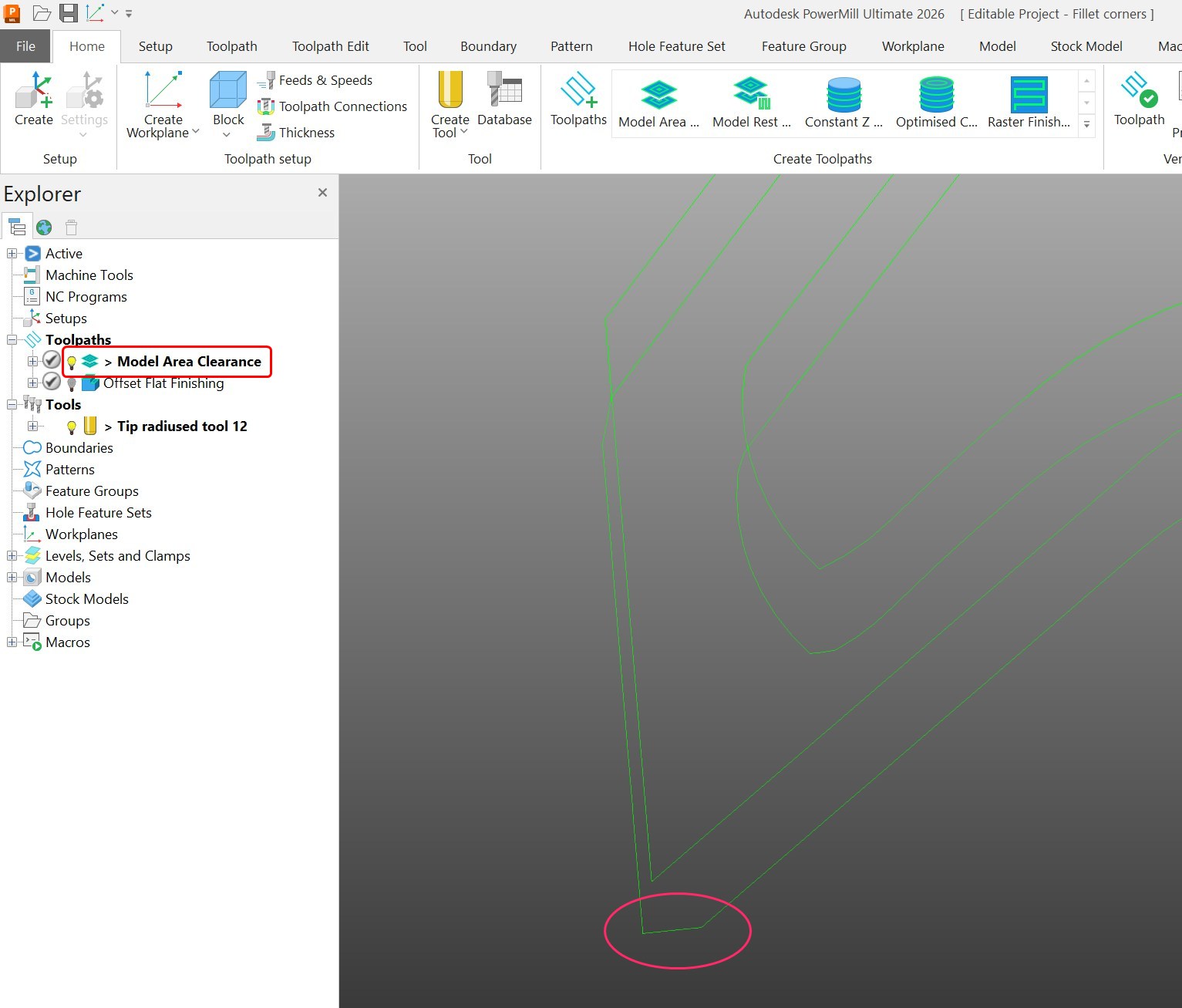 Model Area Clearance toolpath shows a cut-off fillet corner in PowerMill