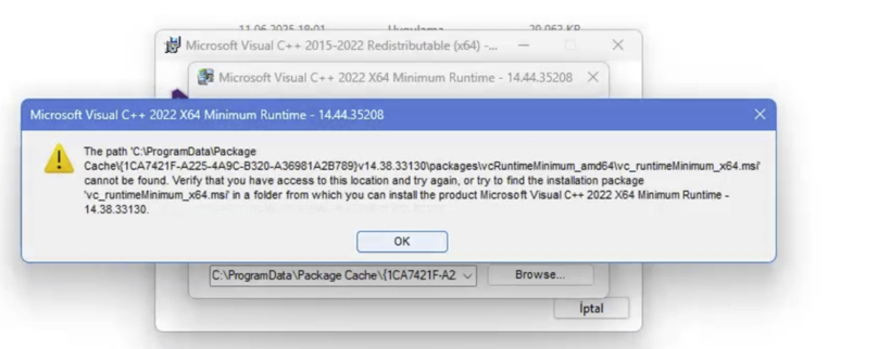 Installation failed with the message: VC_runtimeminimum_x64.msi cannot be found when installing ...