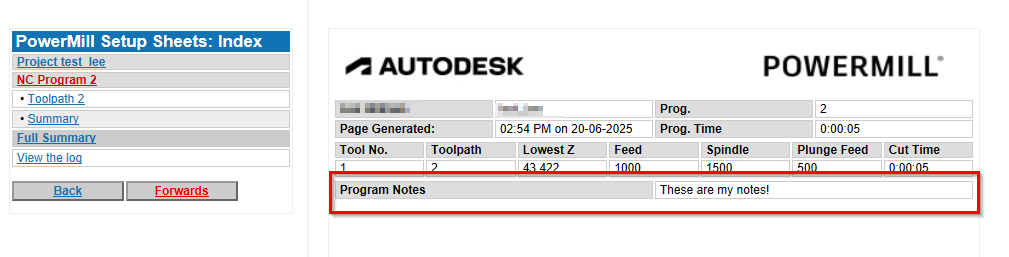 Can text blocks be added to the Setup sheet from the NC program in PowerMILL?