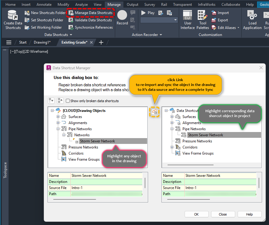 Pressure part name does not update from data shortcut in Civil 3D