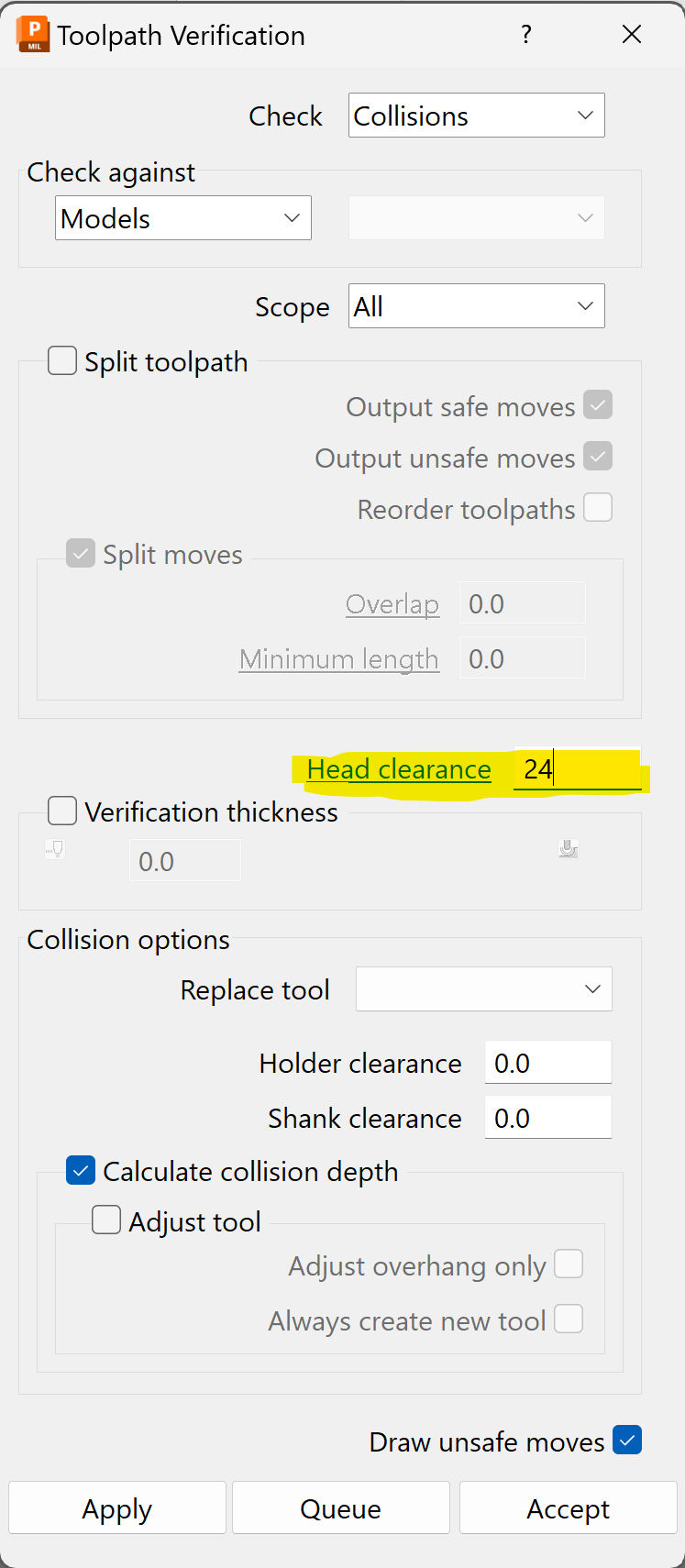 Verifying drilling toolpath shows collisions in PowerMill