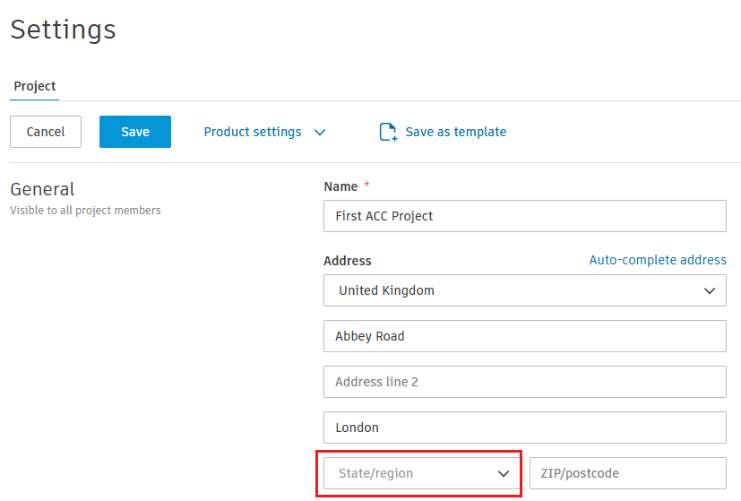 "Project information has failed to save" when trying to save an address to an ACC project