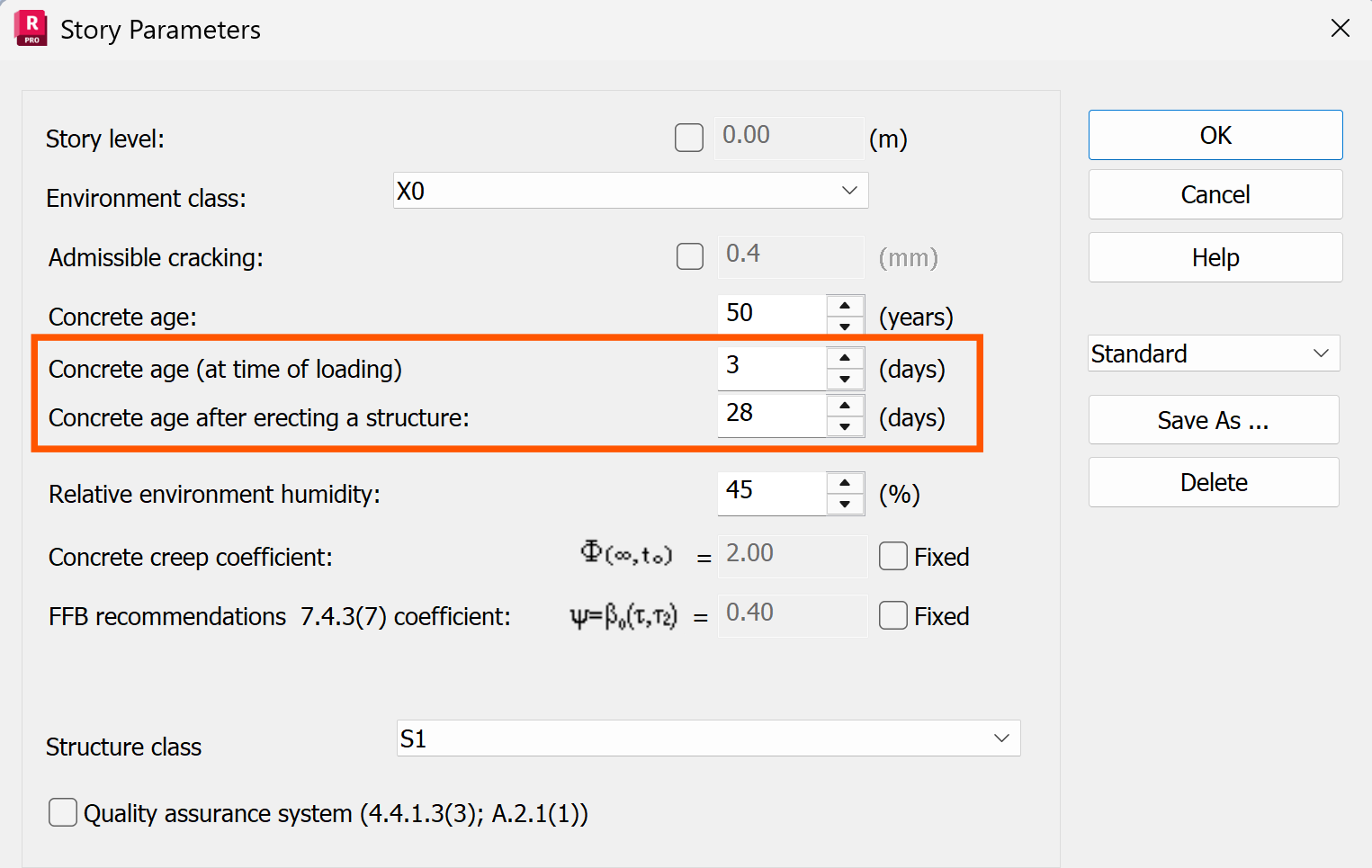 What is the meaning of the concrete age parameters in the concrete reinforcement design module ...