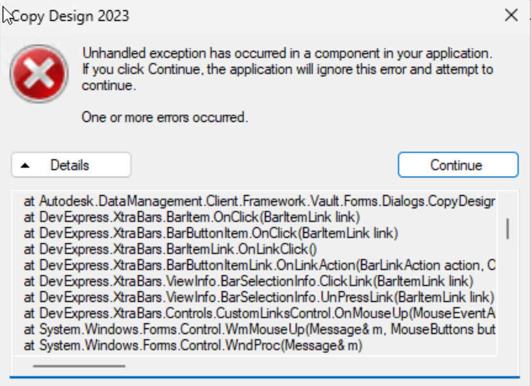 对特定数据库中的特定 Inventor 文件使用 Copy Design 时，Vault Client 发生崩溃