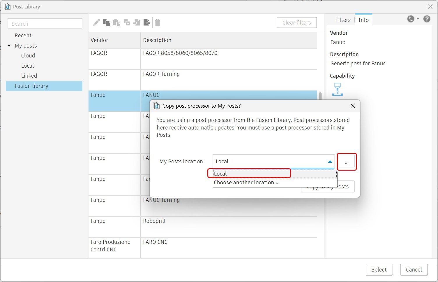 "Use post from Fusion Library?" when selecting a Post Processor in Fusion