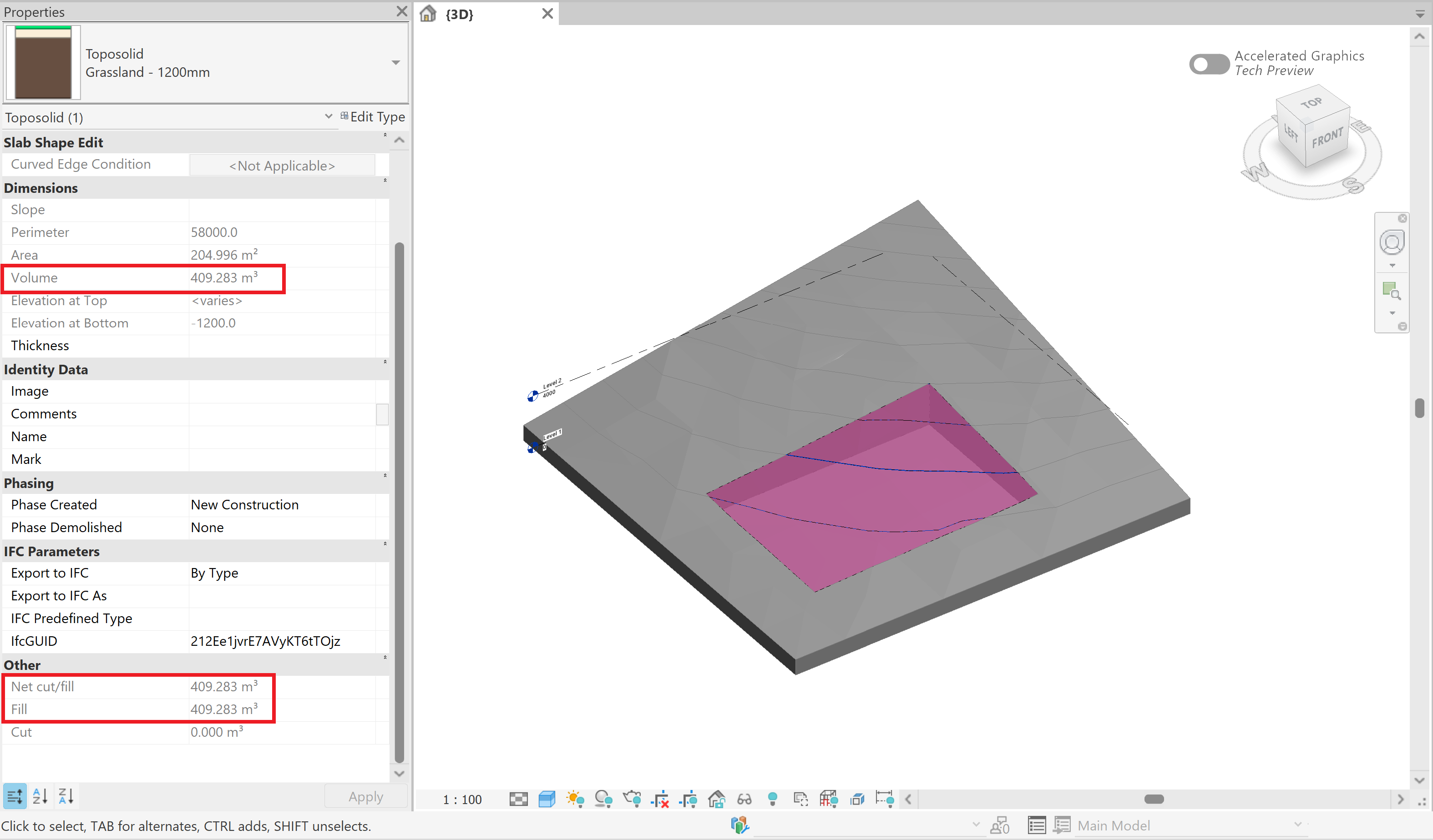 Incorrect Cut and Fill volume reported for split Toposolid with Graded Region in Revit