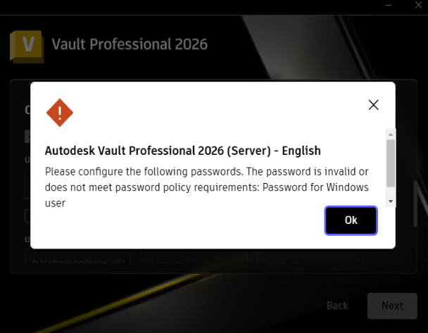 "Please configure the following passwords... is invalid or does not ...