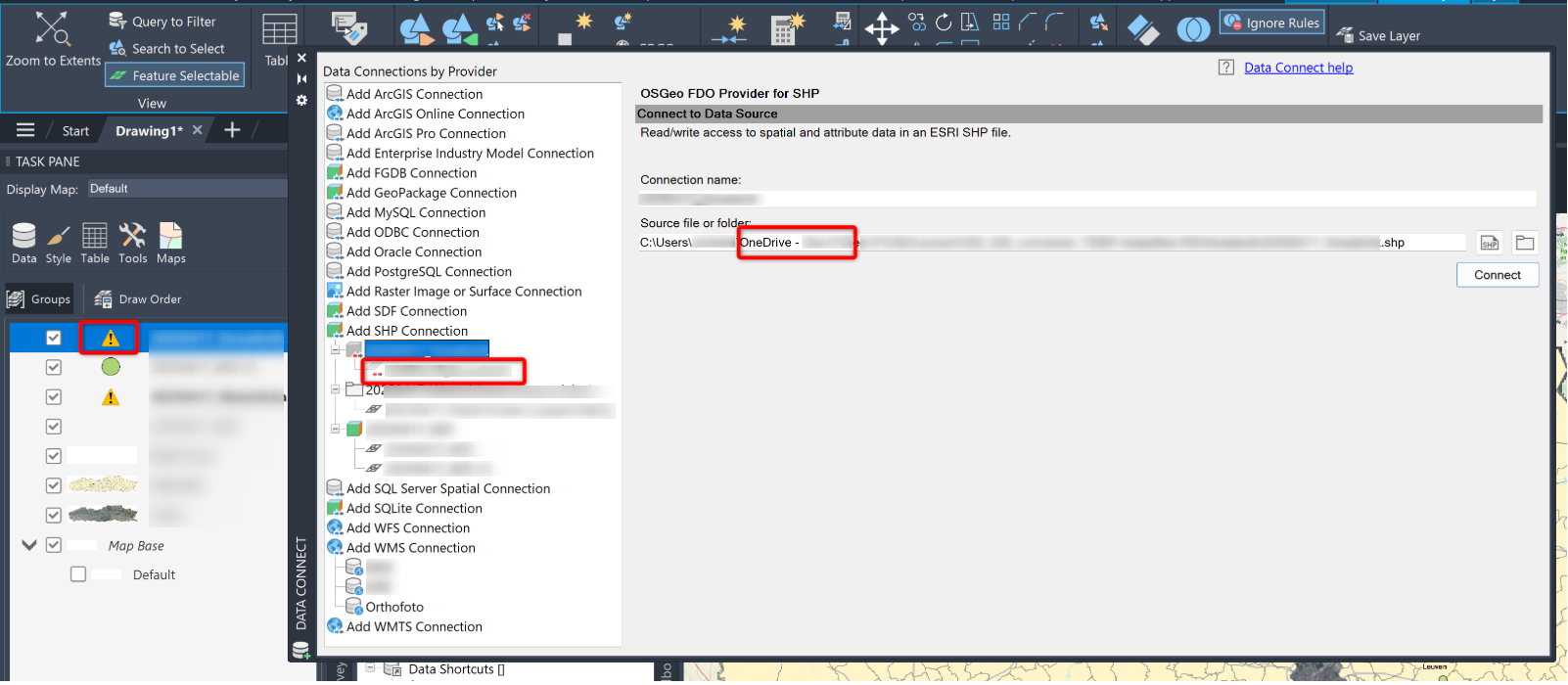 Warning sign in a Task Pane next to a loaded Data Source in Map 3D or Civil 3D