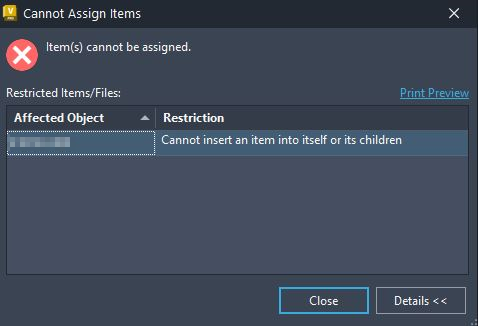 "Cannot insert an item into itself or its children" during Vault Item ...