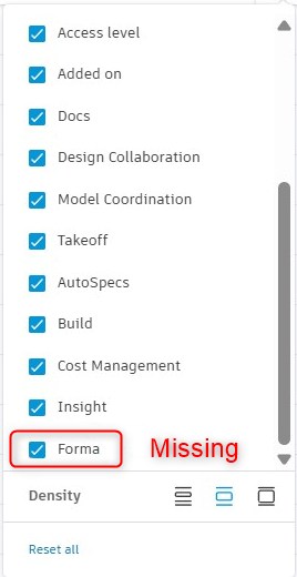 The 'Forma' option does not appear in all projects in ACC