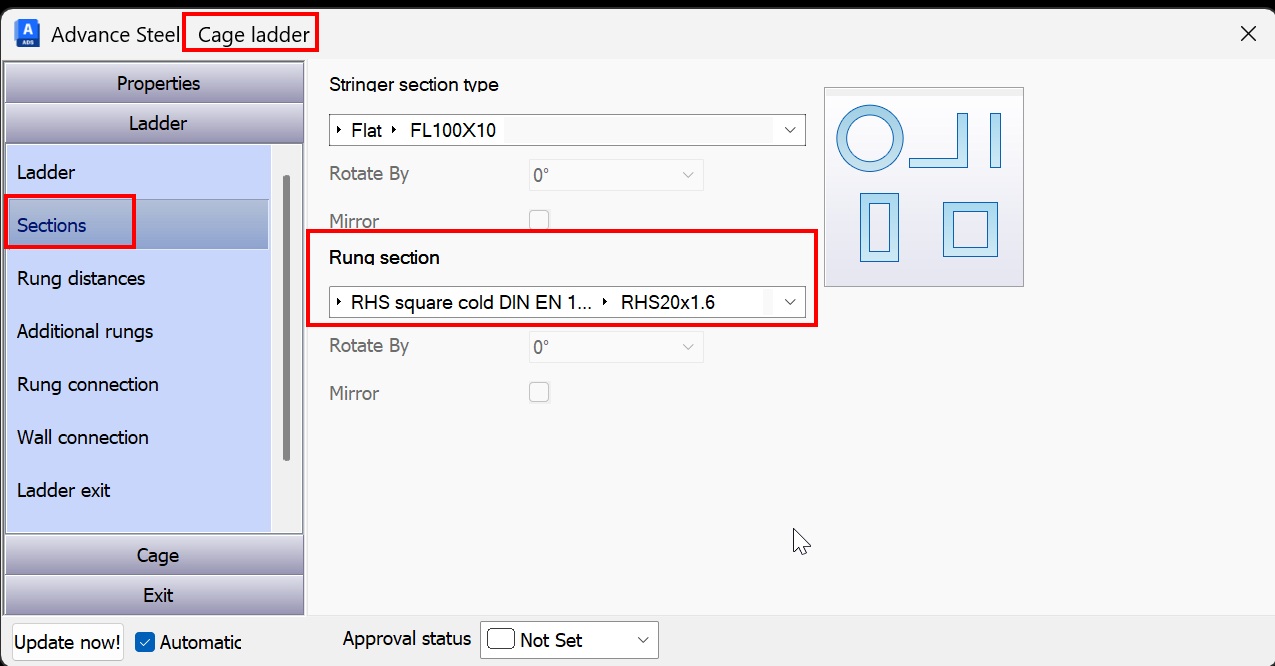 How to use custom profiles for "Cage Ladder - Rungs" in Advance Steel