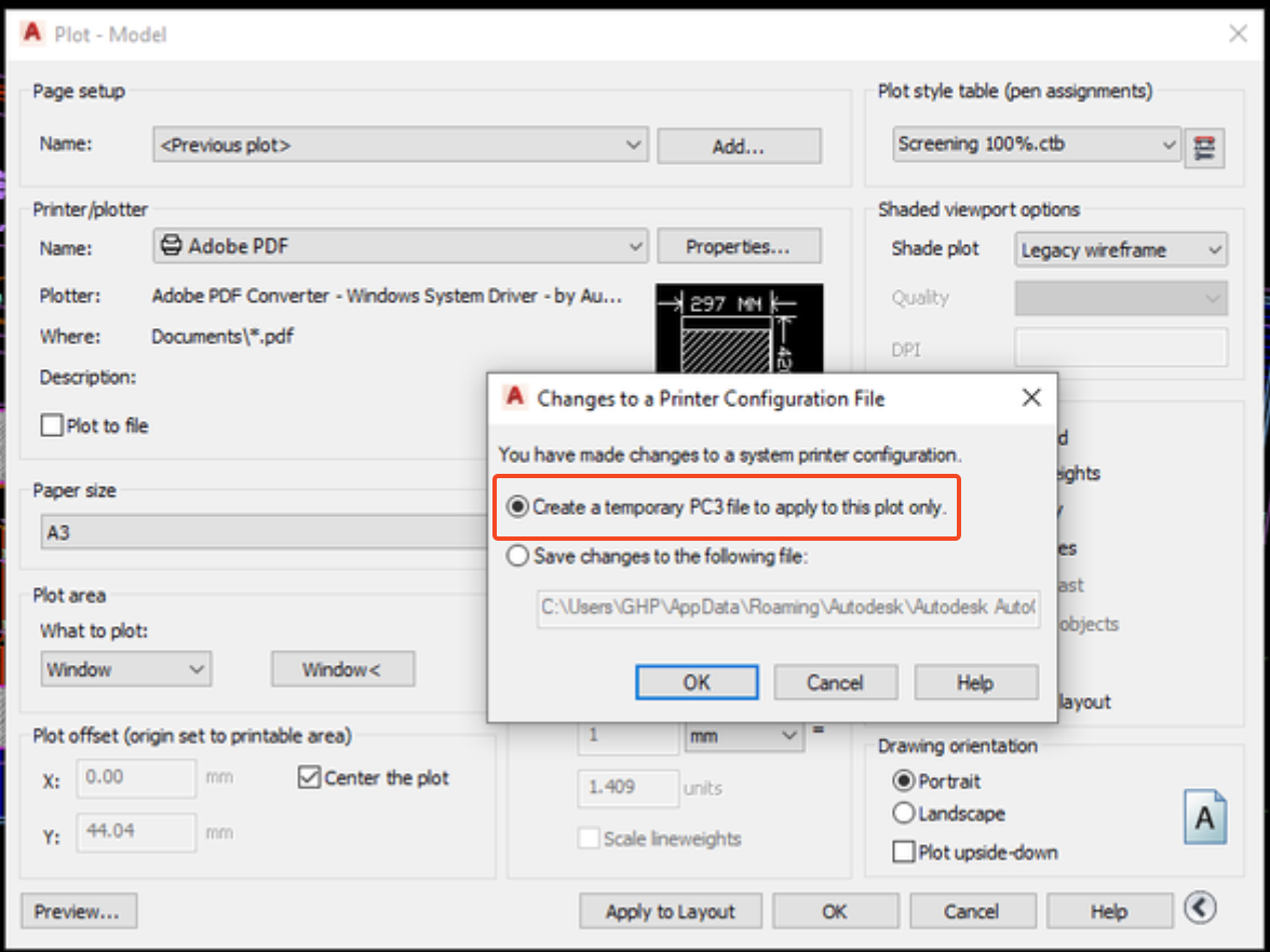 System printer settings are not saved in PC3 plot file for AutoCAD products or Civil 3D
