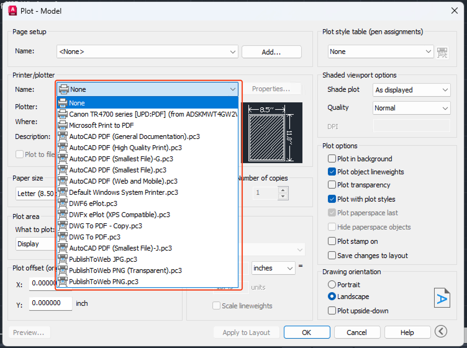 System printer settings are not saved in PC3 plot file for AutoCAD products or Civil 3D