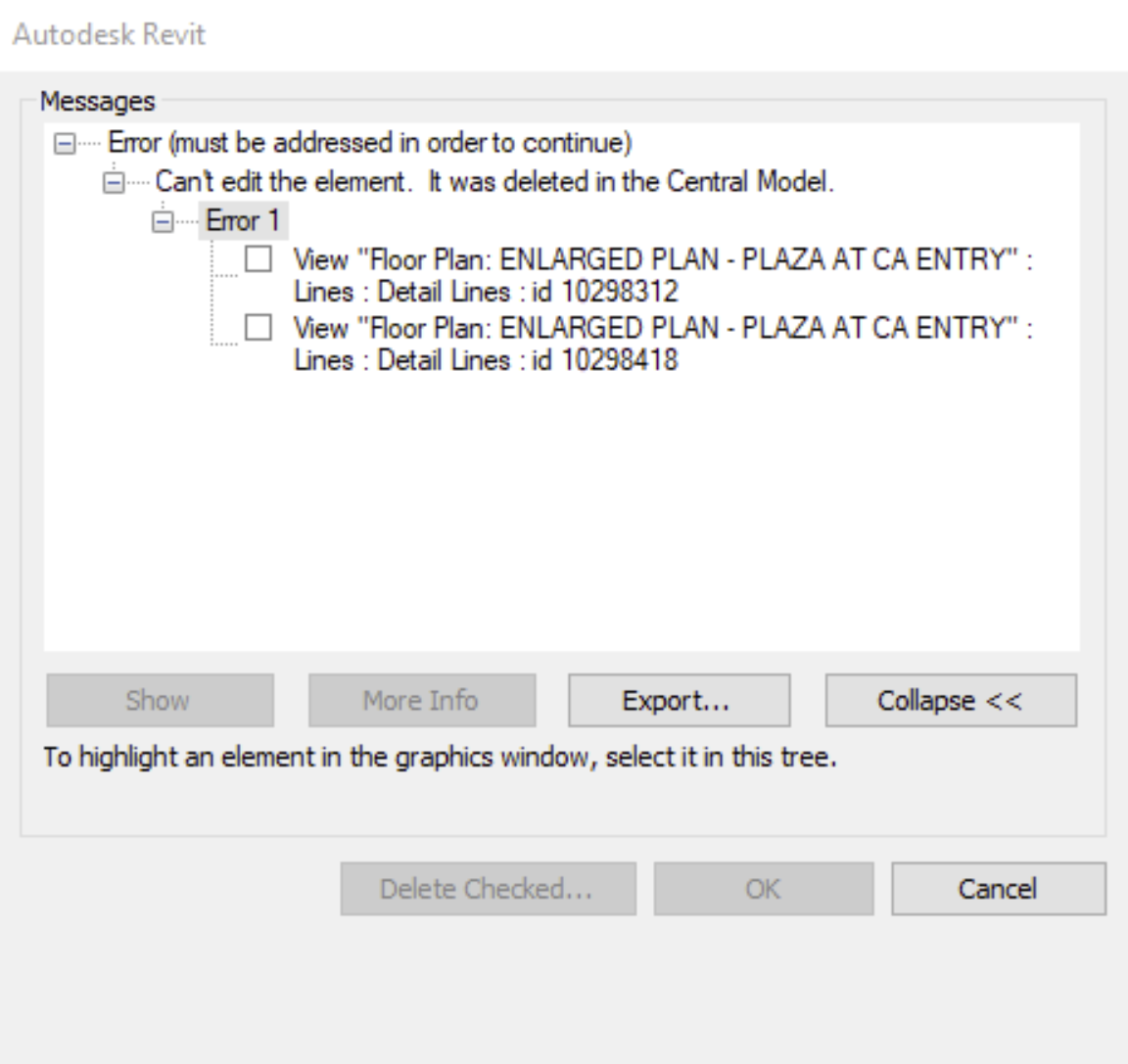 "Can't edit the element. It was deleted in the Central Model" when ...