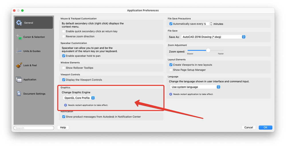 How to switch to OpenGL graphic engine in AutoCAD for Mac 2026?
