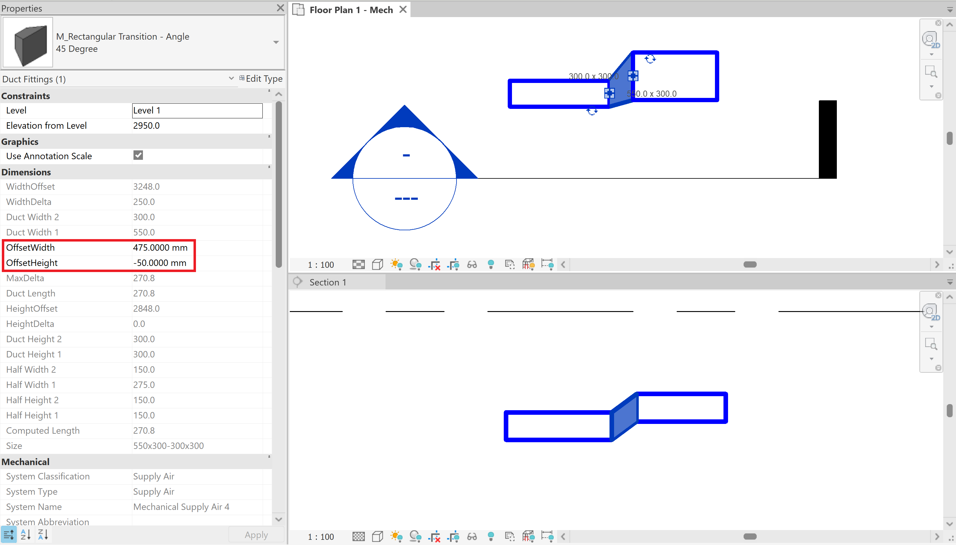 How to model the Duct Transition with vertical and horizontal offset in ...