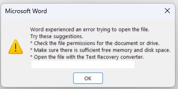"Word experienced an error trying to open the file." when opeing Word document from ACC in ...