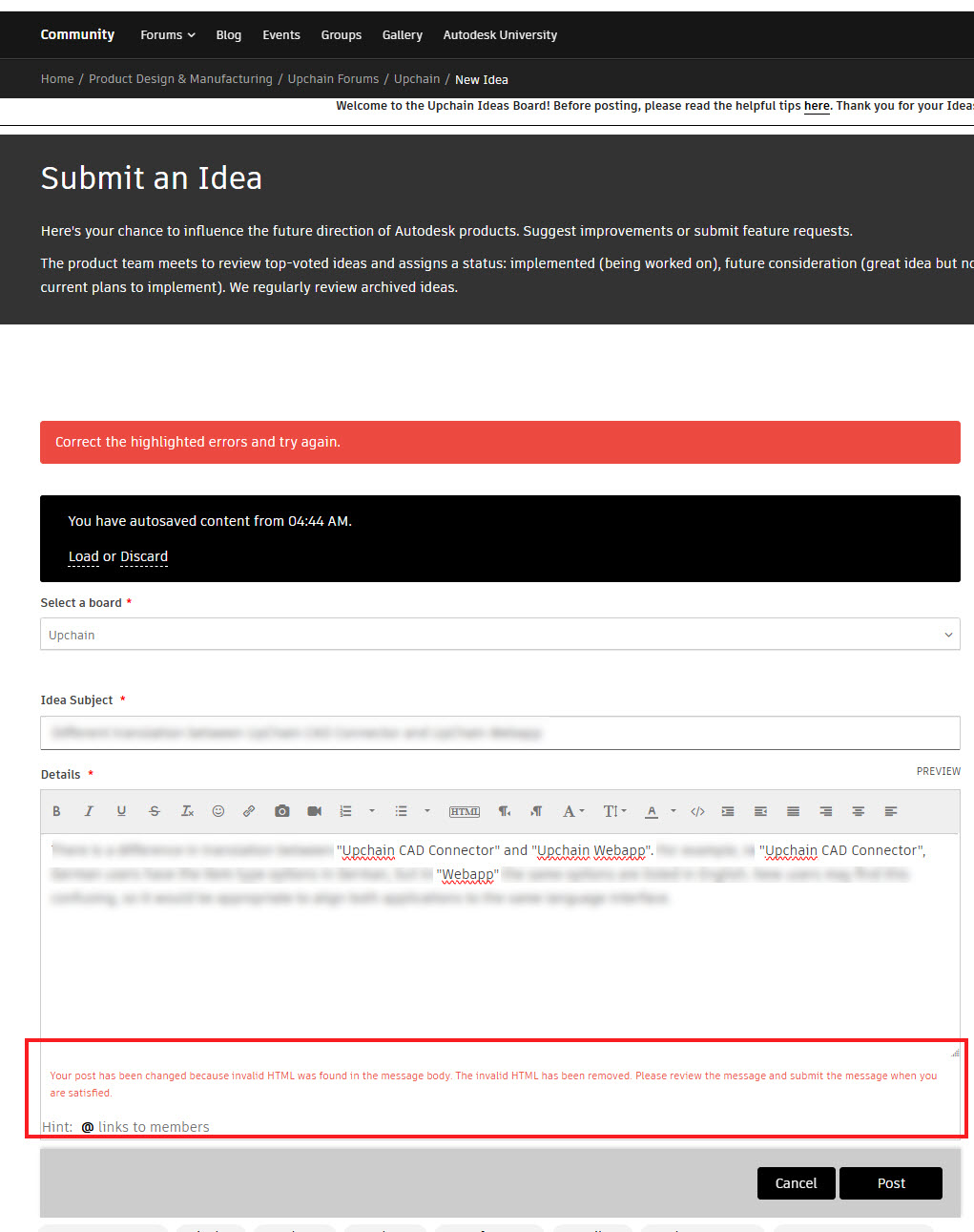 "Correct the highlighted errors and try again" message when trying to submit an idea on the ...