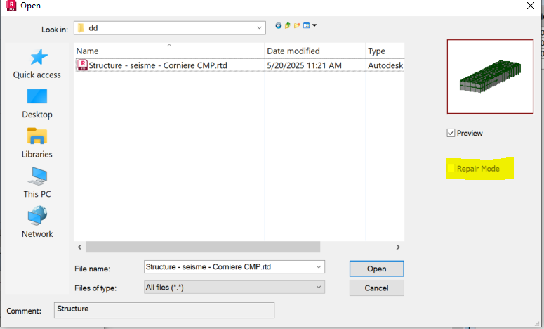 Repair mode option not active while opening model in Robot Structural Analysis