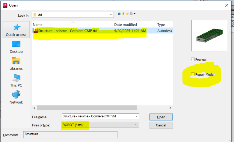 Repair mode option not active while opening model in Robot Structural Analysis