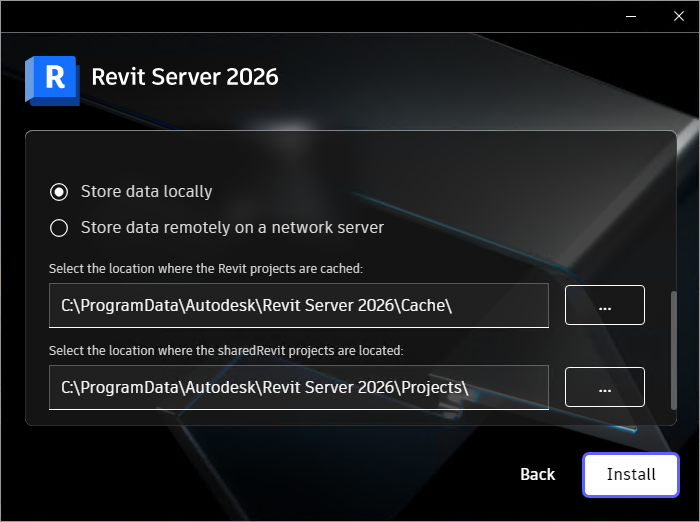 Configuración de revisiones de caché y proyecto al instalar Revit Server 2026