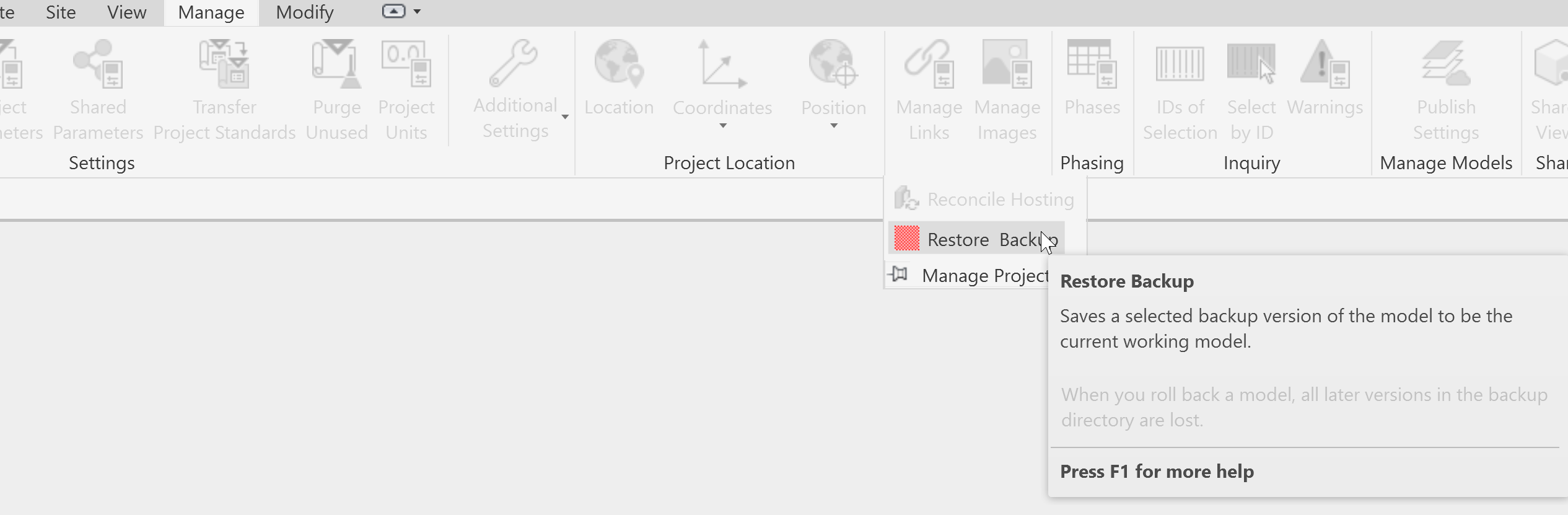 How to restore a backup when using a workshared model in Revit LT