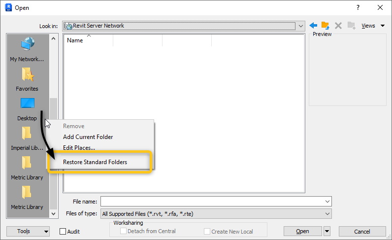 Revit Server 的模型“打开”窗口中缺少 Revit Server 快捷方式图标