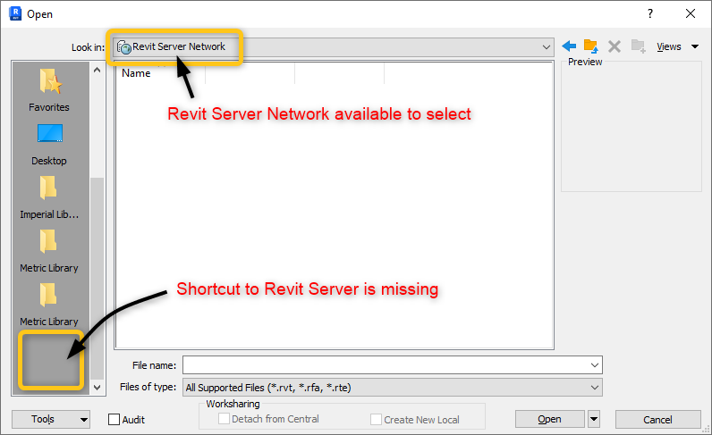 Revit Server shortcut icon is missing in the model Open window in Revit
