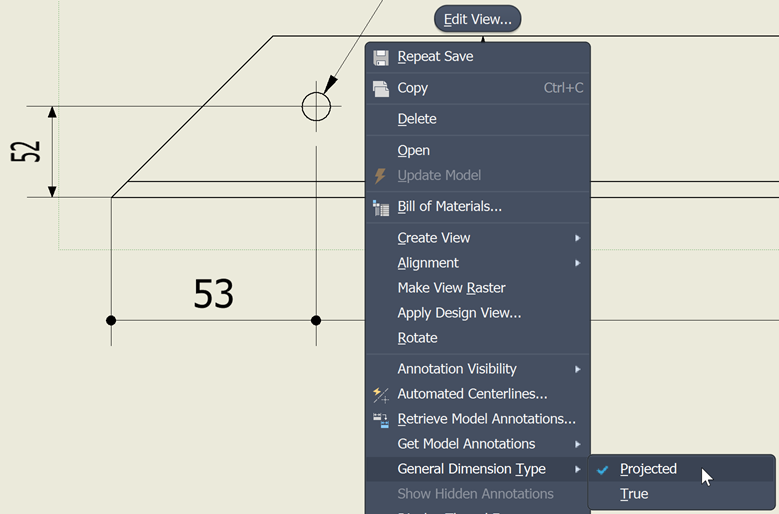 Dimension on a specific drawing view seems to be 3D instead of parallel to the sheet in Inventor