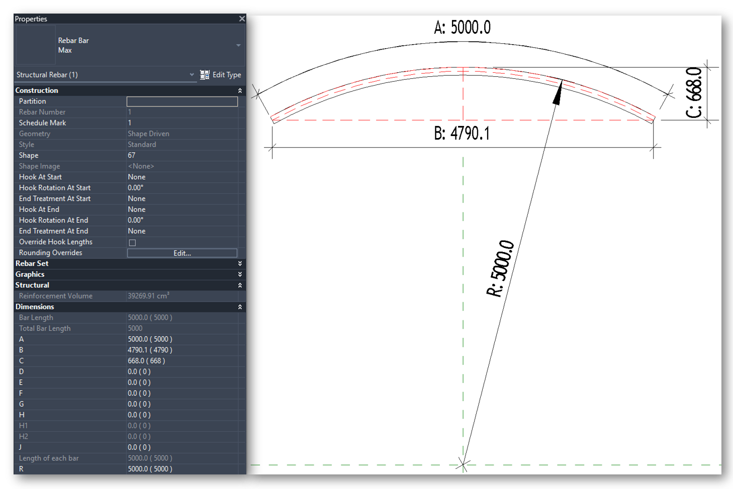 How does Revit calculate A, B, C, R dimensions for rebar shape “67”