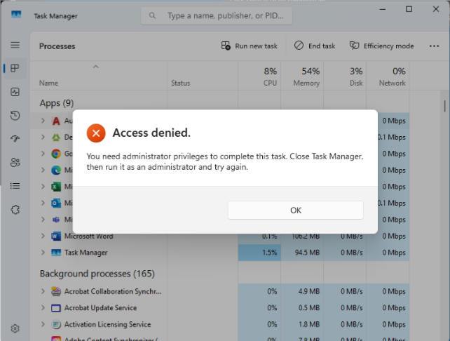 Access Denied When Ending AutoCAD Task via Task Manager