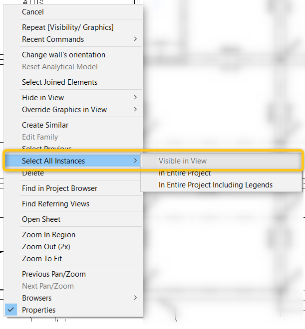 "Select All Instances" option is greyed out in Revit