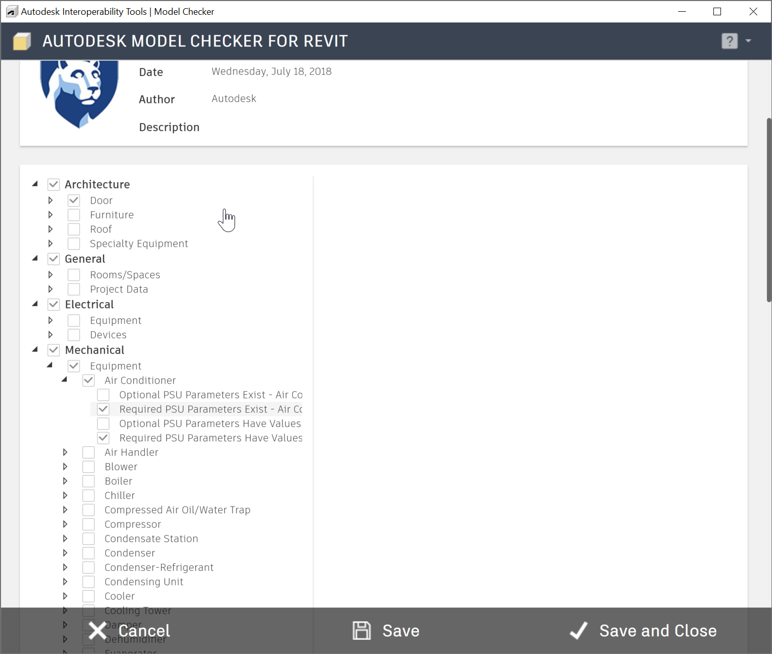 Autodesk Interoperability Tools Penn State BIM Model Check is not running checks in Revit