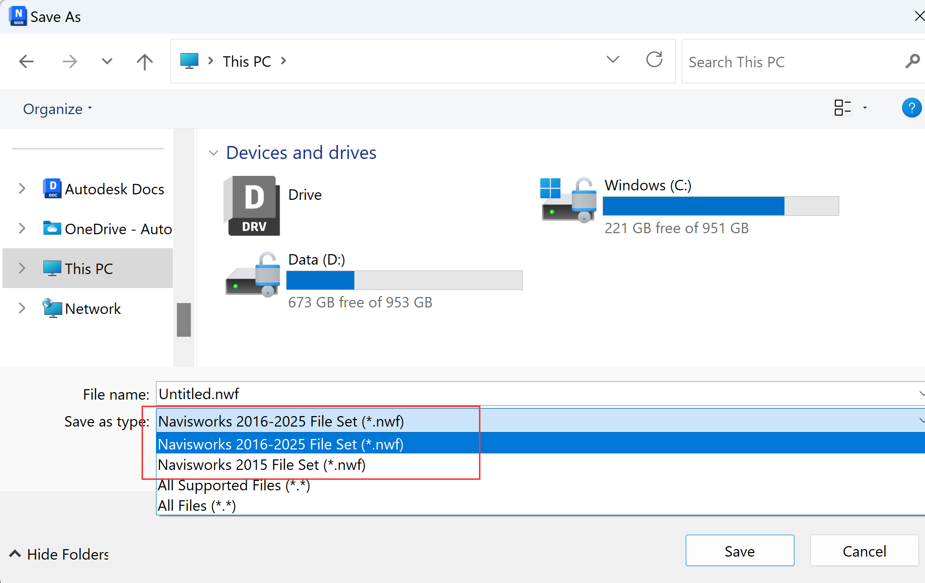 Save the file as NWD option is missing in Navisworks Save As dialog